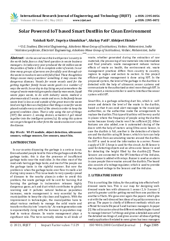 (PDF) IRJET- Solar Powered IoT based Smart DustBin for Clean Environment