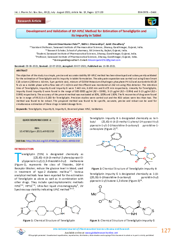Pdf Development And Validation Of Rp Hplc Method For Estimation Of Teneligliptin And Its