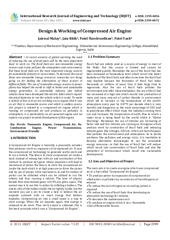 (PDF) IRJET- Design & Working of Compressed Air Engine