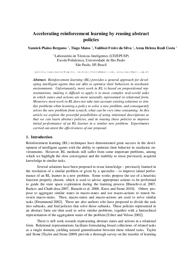 (PDF) Accelerating reinforcement learning by reusing abstract policies | Yannick Bergamo ...