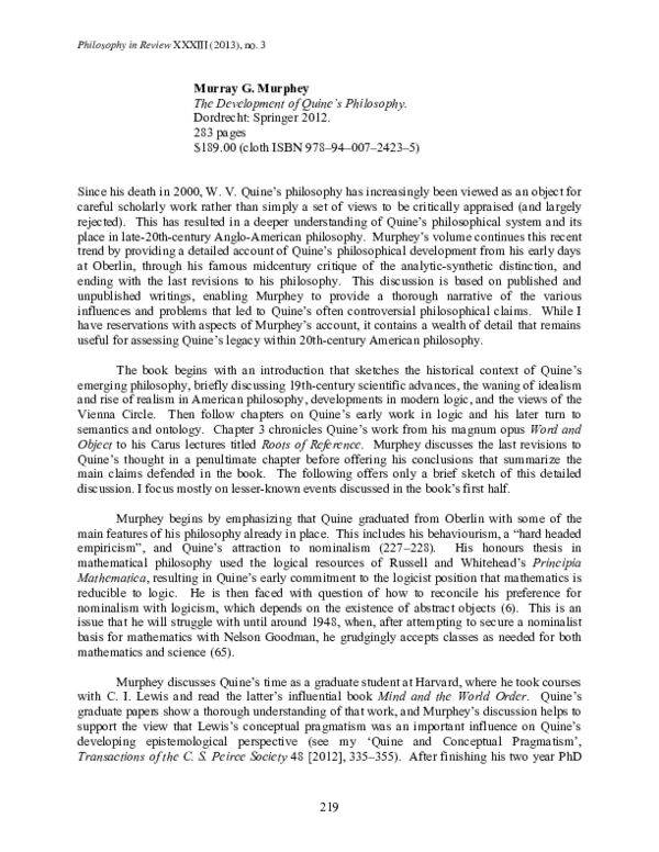 (PDF) Murray G. Murphey , The Development of Quine's Philosophy ...