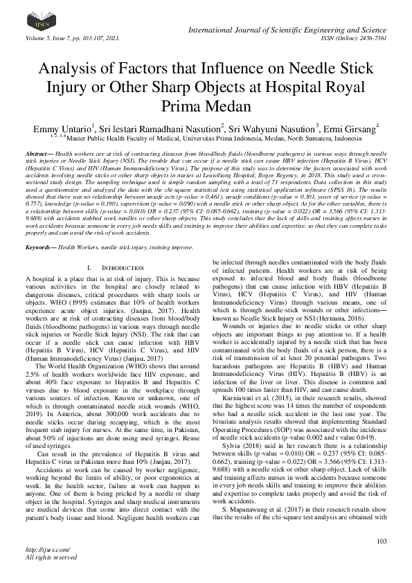 (PDF) Analysis of Factors that Influence on Needle Stick Injury or ...