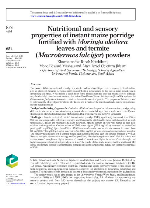 (PDF) Nutritional and sensory properties of instant maize porridge ...