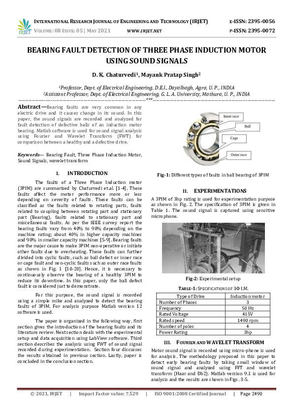 Pdf Irjet Bearing Fault Detection Of Three Phase Induction Motor Using Sound Signals