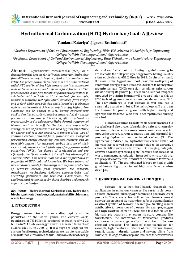 (PDF) IRJET- Hydrothermal Carbonization (HTC) Hydrochar/Coal: A Review