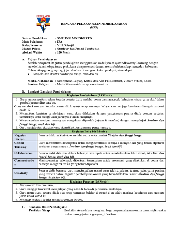 (DOC) Contoh RPP Daring 2021 (Struktur dan Fungsi Tumbuhan)