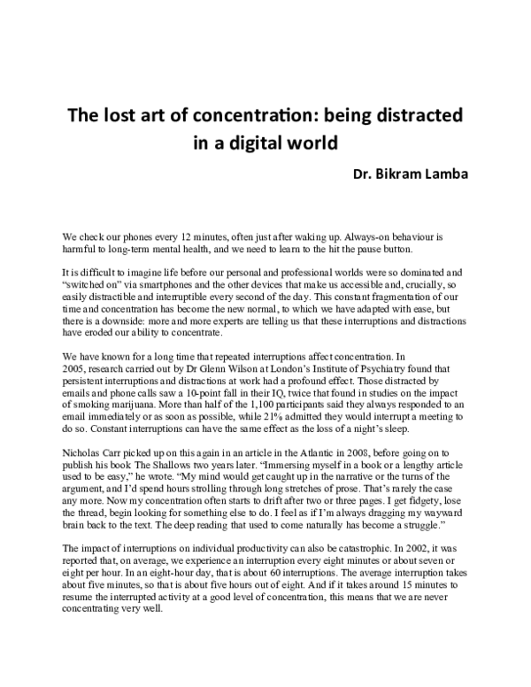 (DOC) The lost art of concentration: being distracted in a digital world