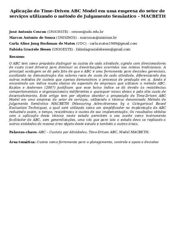 (PDF) Aplicação do Time-Driven ABC Model em uma empresa do setor de ...