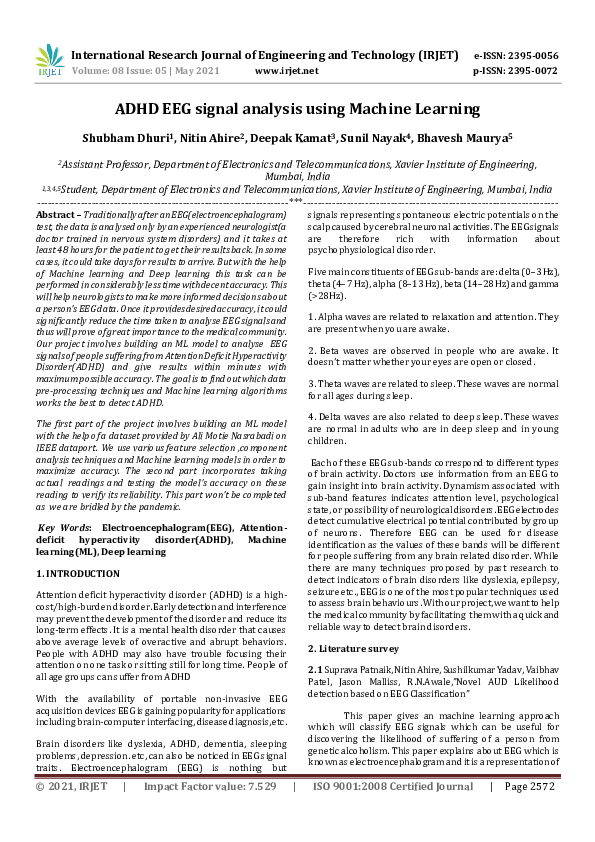 Pdf Adhd Eeg Signal Analysis Using Machine Learning