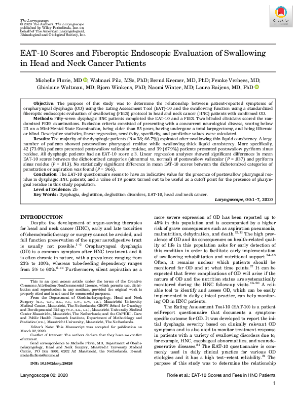(PDF) EAT-10 Scores and Fiberoptic Endoscopic Evaluation of Swallowing ...