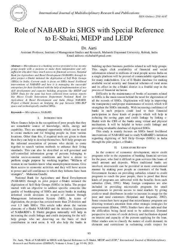 (PDF) Role of NABARD in SHGS with Special Reference to E-Shakti, MEDP ...