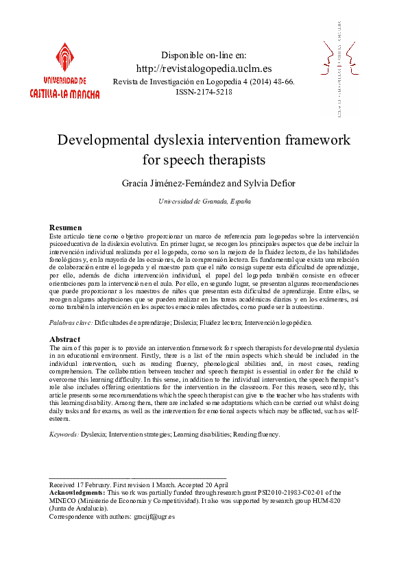 (PDF) Developmental dyslexia intervention framework for speech therapists