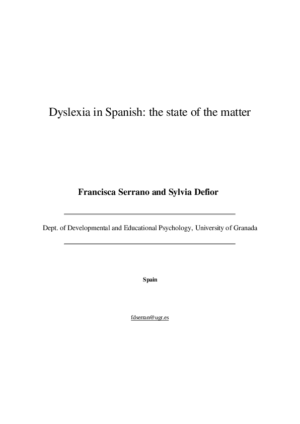 (PDF) Dyslexia in Spanish: the state of the matter