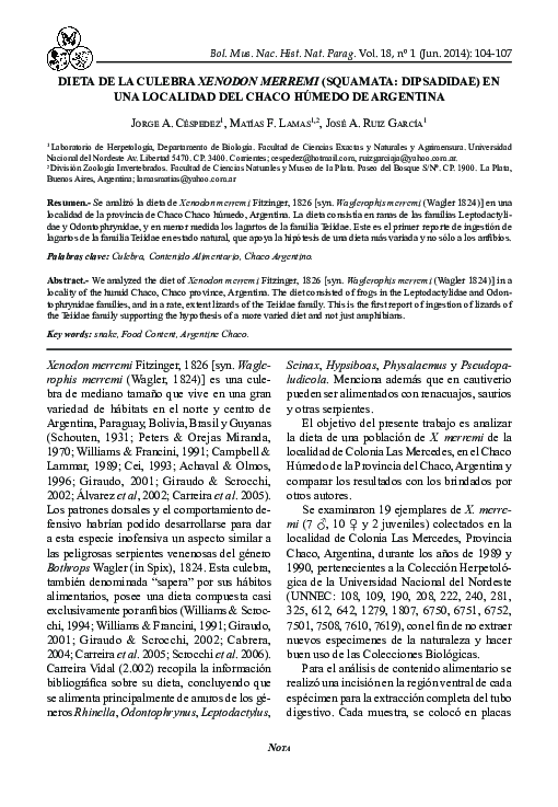 (PDF) Dieta de la culebra Xenodon merremi (Squamata: Dipsadidae) en una ...