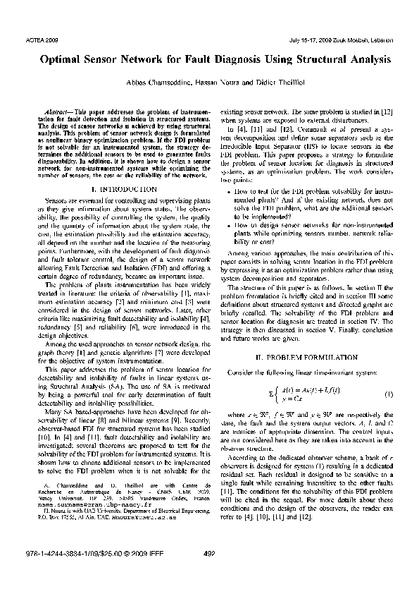 (PDF) Optimal sensor network for fault diagnosis using structural analysis