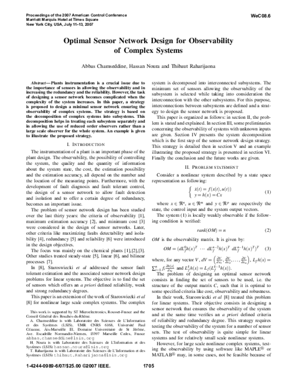 (PDF) Optimal Sensor Network Design for Observability of Complex Systems