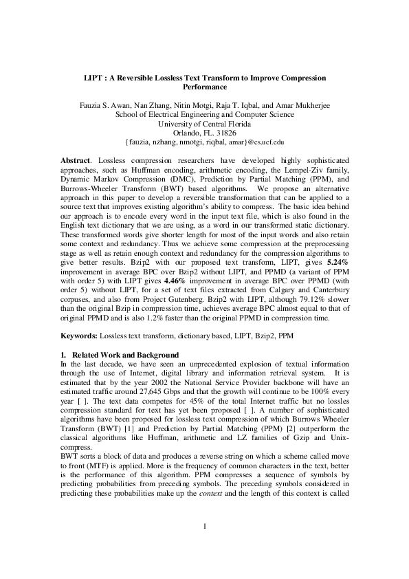 Pdf Lipt A Reversible Lossless Text Transform To Improve Compression Performance Nitin