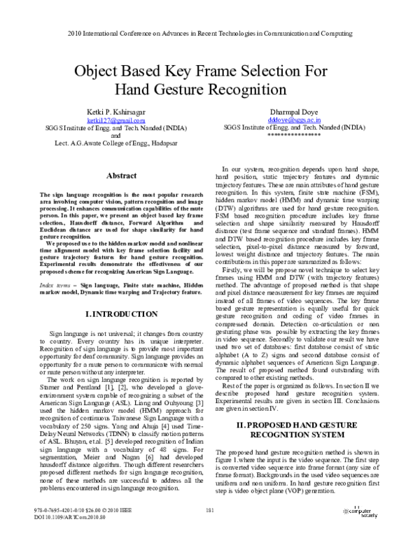 Pdf Object Based Key Frame Selection For Hand Gesture Recognition