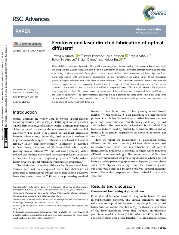 (PDF) Femtosecond laser directed fabrication of optical diffusers