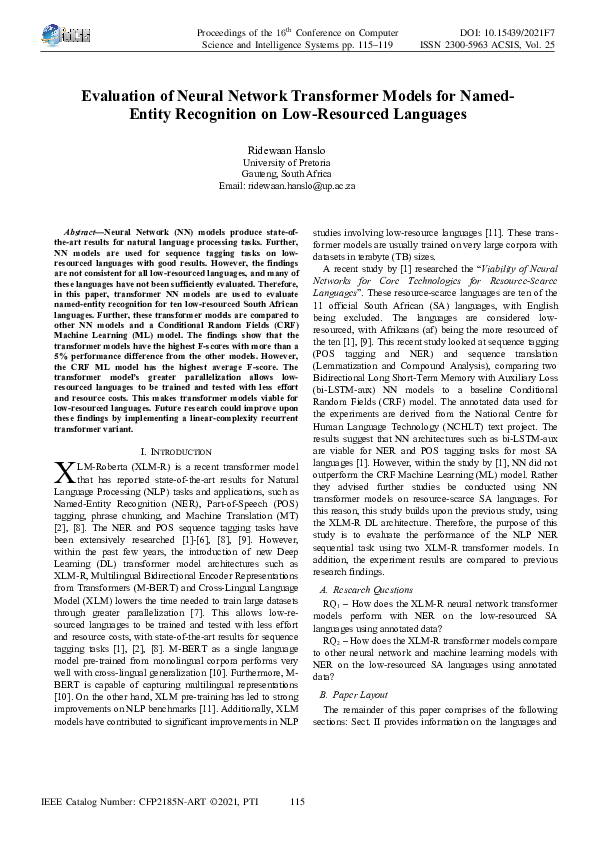 Pdf Evaluation Of Neural Network Transformer Models For Named Entity Recognition On Low