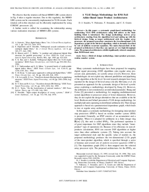 Pdf A Vlsi Design Methodology For Rns Full Adder Based Inner Product Architectures