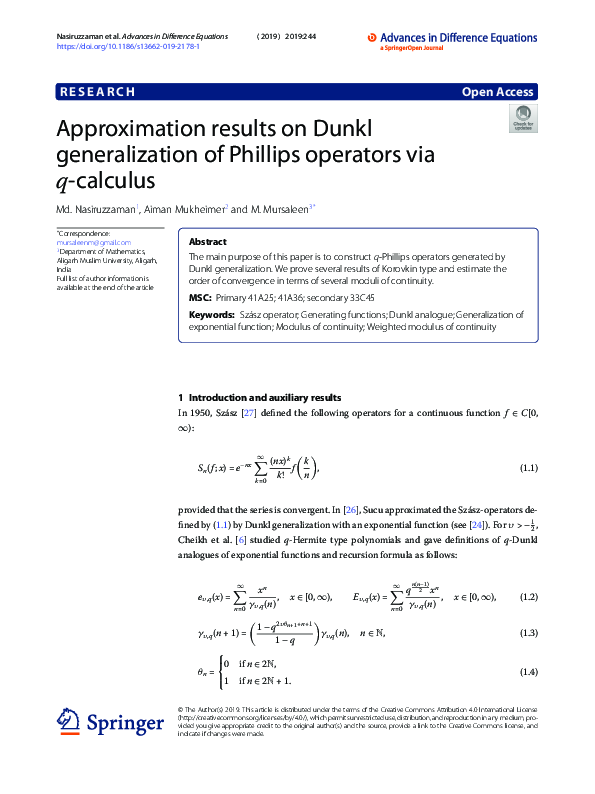 Pdf Approximation Results On Dunkl Generalization Of Phillips Operators Via Q Calculus
