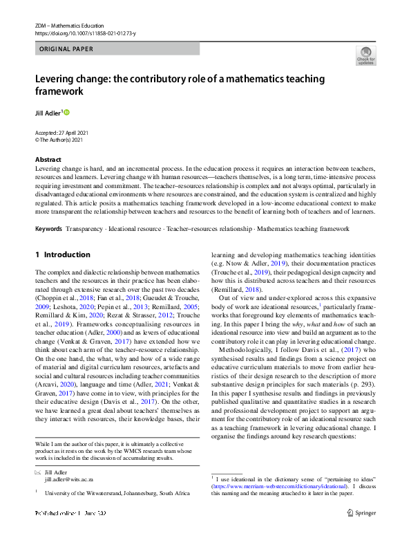 (PDF) Levering change: the contributory role of a mathematics teaching ...