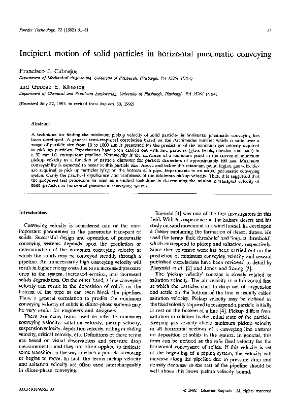(PDF) Incipient motion of solid particles in horizontal pneumatic conveying