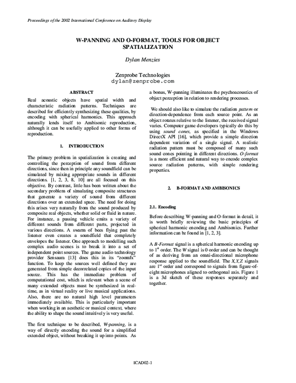 (PDF) W-panning and O-format, tools for object spatialization