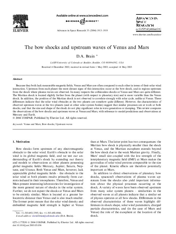(PDF) The bow shocks and upstream waves of Venus and Mars