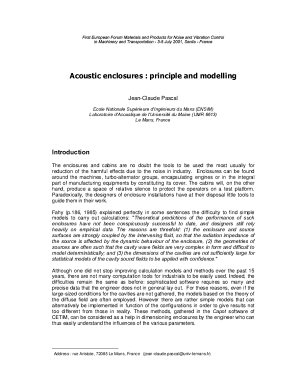 (PDF) Acoustic enclosures: principle and modeling