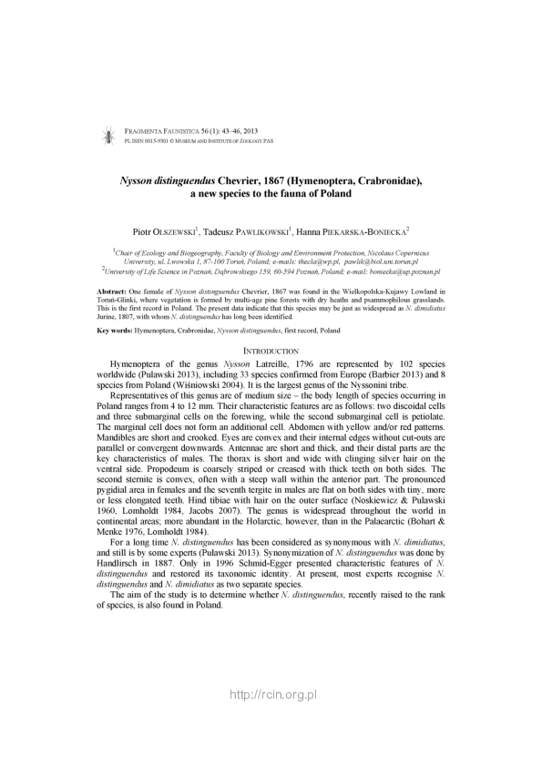 (PDF) Nysson distinguendus Chevrier, 1867 (Hymneoptera, Crabronidae), a ...