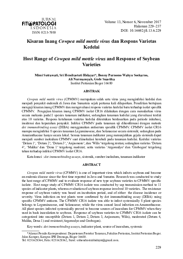 (PDF) Kisaran Inang Cowpea mild mottle virus dan Respons Varietas Kedelai