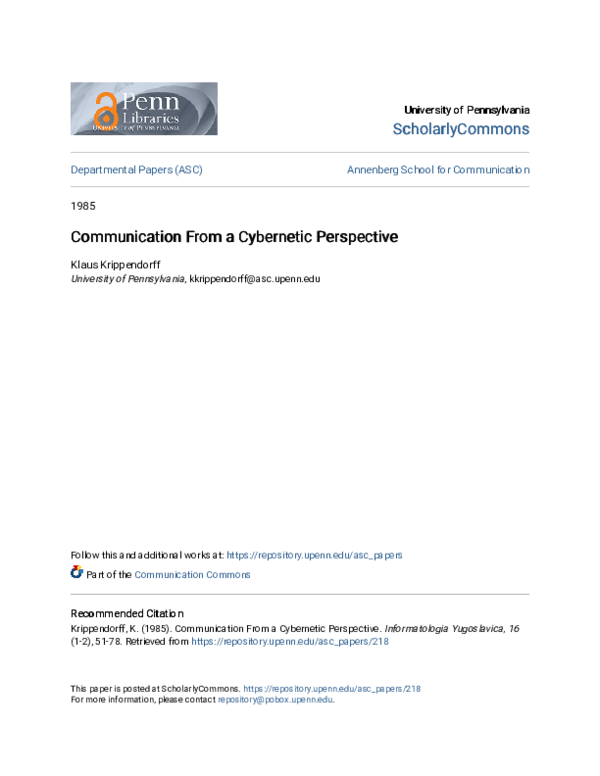 (PDF) Communication From a Cybernetic Perspective