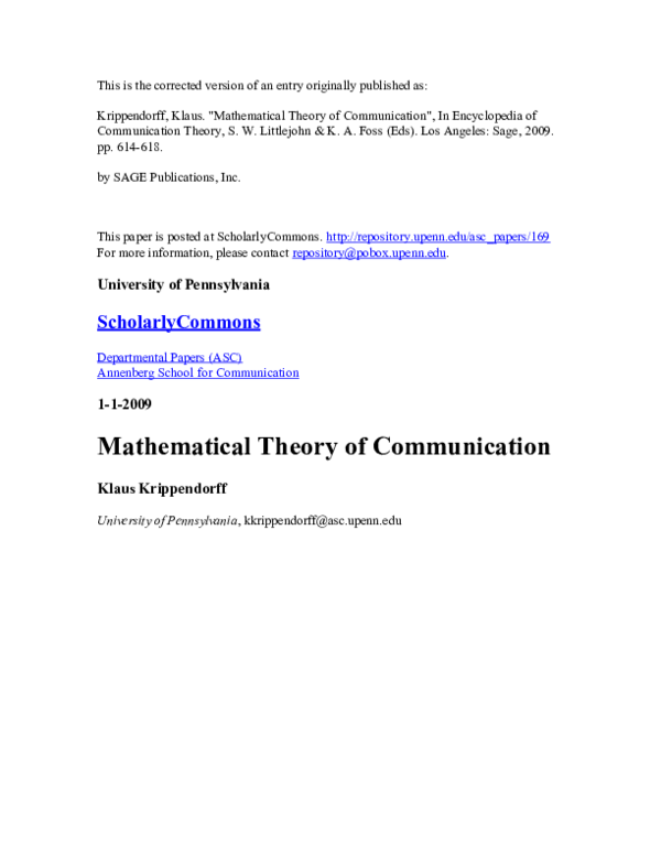 (PDF) Mathematical Theory of Communication