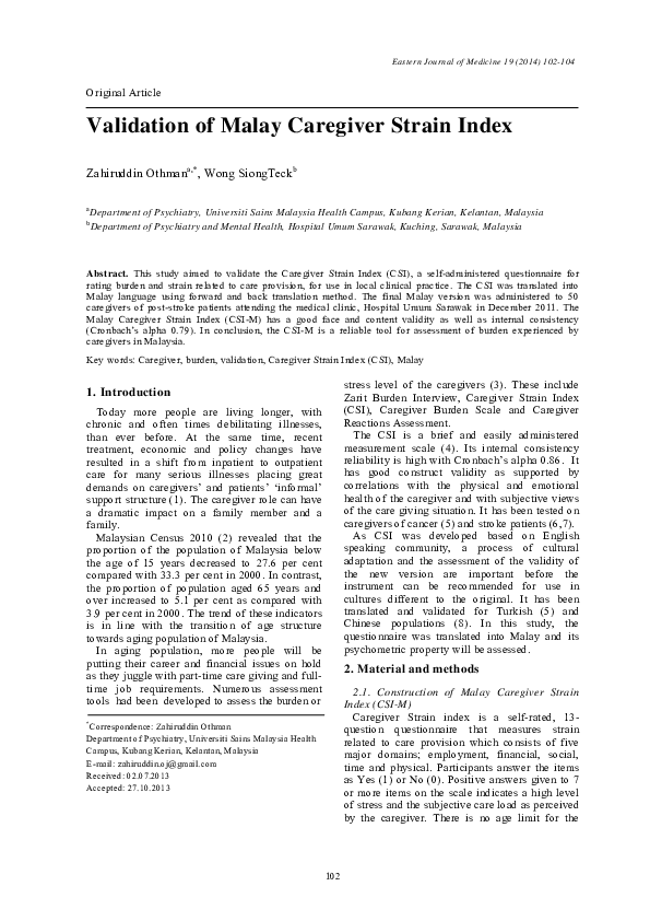 (PDF) Validation of Malay Caregiver Strain Index