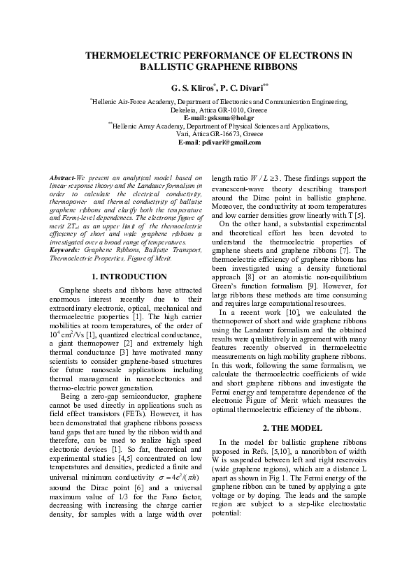 (PDF) Thermoelectric performance of electrons in ballistic graphene ribbons