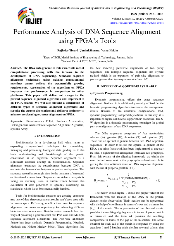 Pdf Performance Analysis Of Dna Sequence Alignment Using Fpgas Tools 