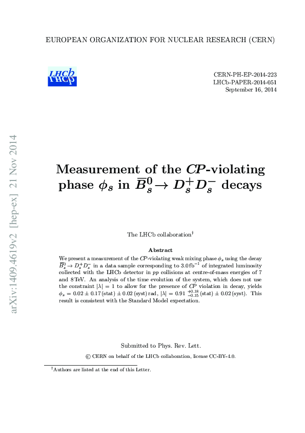 (PDF) Measurement of the CP-violating phase ϕs in Bs(0)→Ds(+)Ds(-) decays