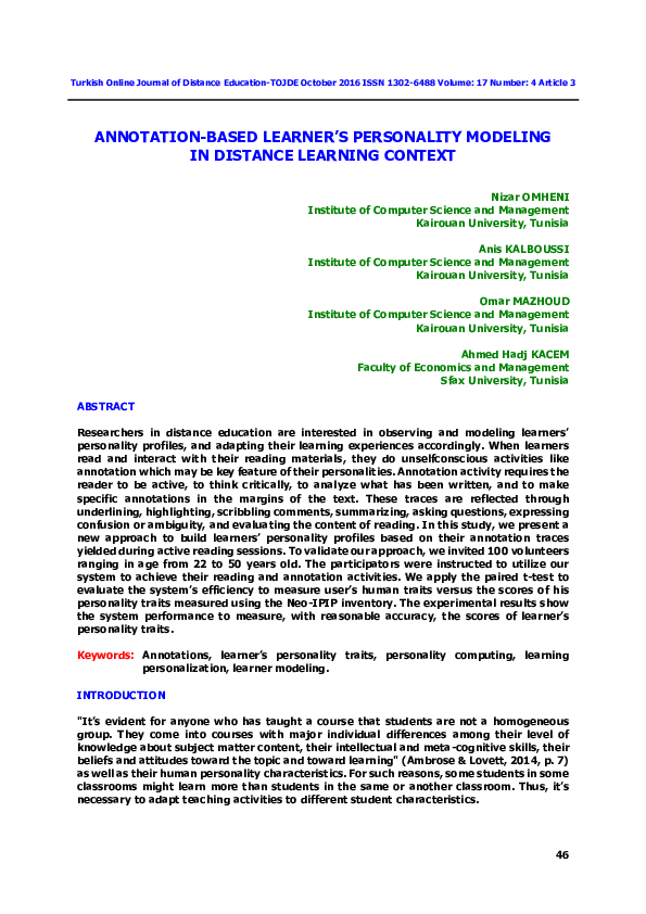 (PDF) Annotation-Based Learner’s Personality Modeling in Distance Learning Context