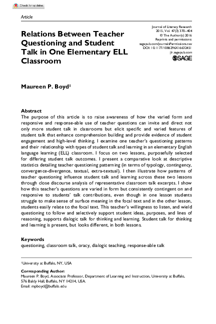 (PDF) Relations Between Teacher Questioning and Student Talk in One ...