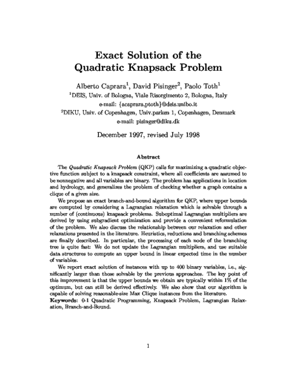 Pdf Exact Branch And Bound For Quadratic Knapsack