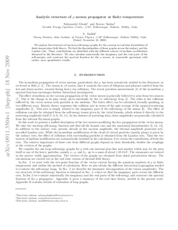 (PDF) Analytic structure of ρ meson propagator at finite temperature