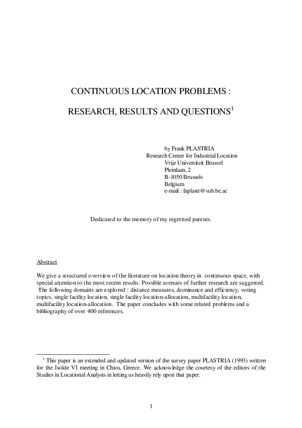 (PDF) Continuous location problems: Research,results and questions