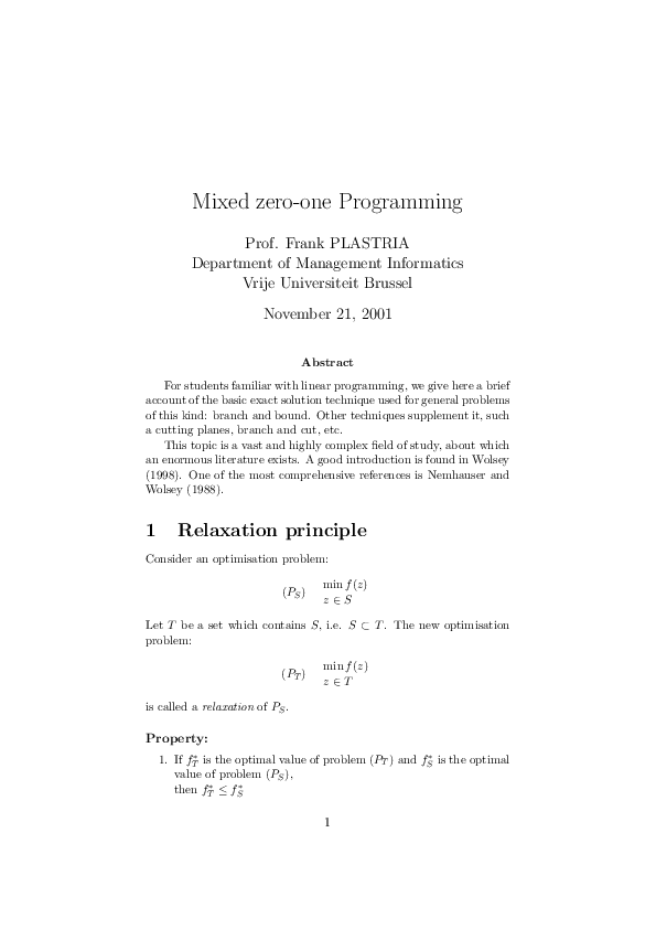 (PDF) Mixed zero-one Programming