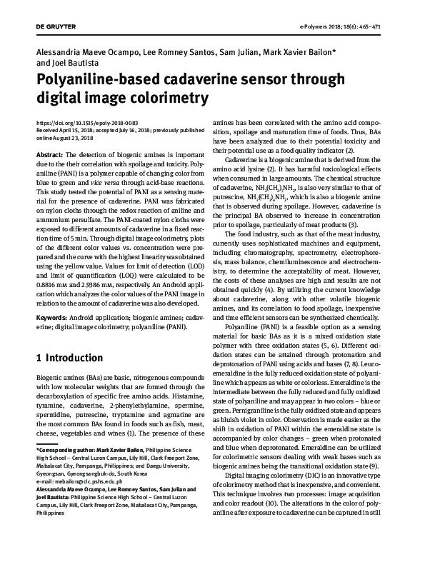 Polyaniline-based cadaverine sensor through digital image colorimetry