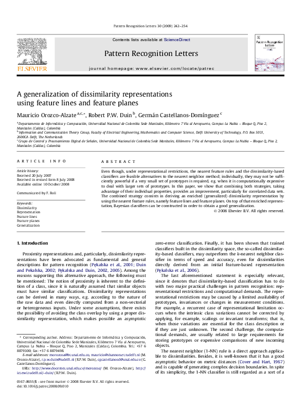 (PDF) A Generalization of Dissimilarity Representations Using Feature Lines and Feature Planes