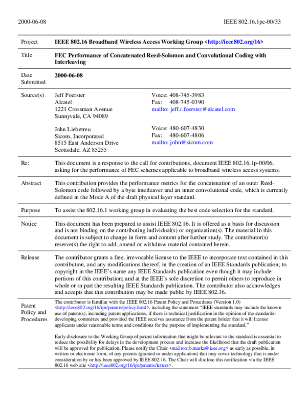 Pdf Fec Performance Of Concatenated Reed Solomon And Convolutional Coding With Interleaving