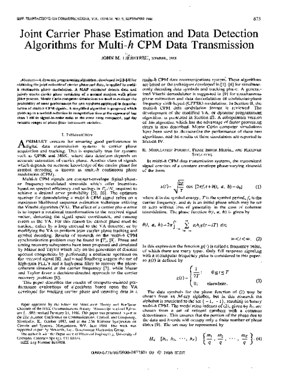 (PDF) Joint Carrier Phase Estimation and Data Detection Algorithms for Multi-h CPM Data Transmission