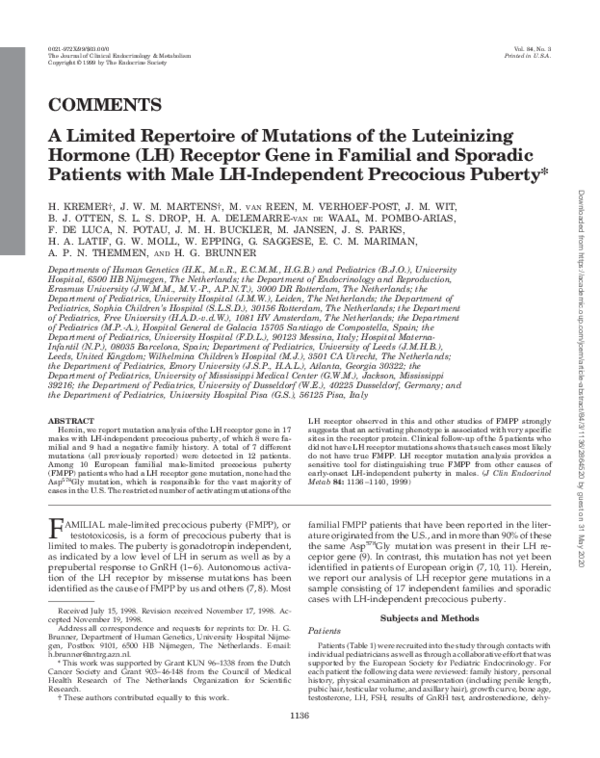 (PDF) LH Receptor Mutations in Precocious Puberty
